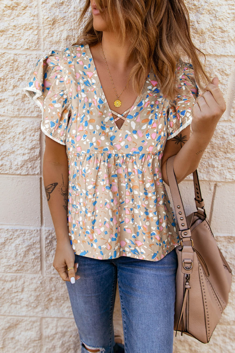 $ 12.58 - Khaki Crisscross V Neck Ruffle Sleeve Printed Flowy Blouse ...