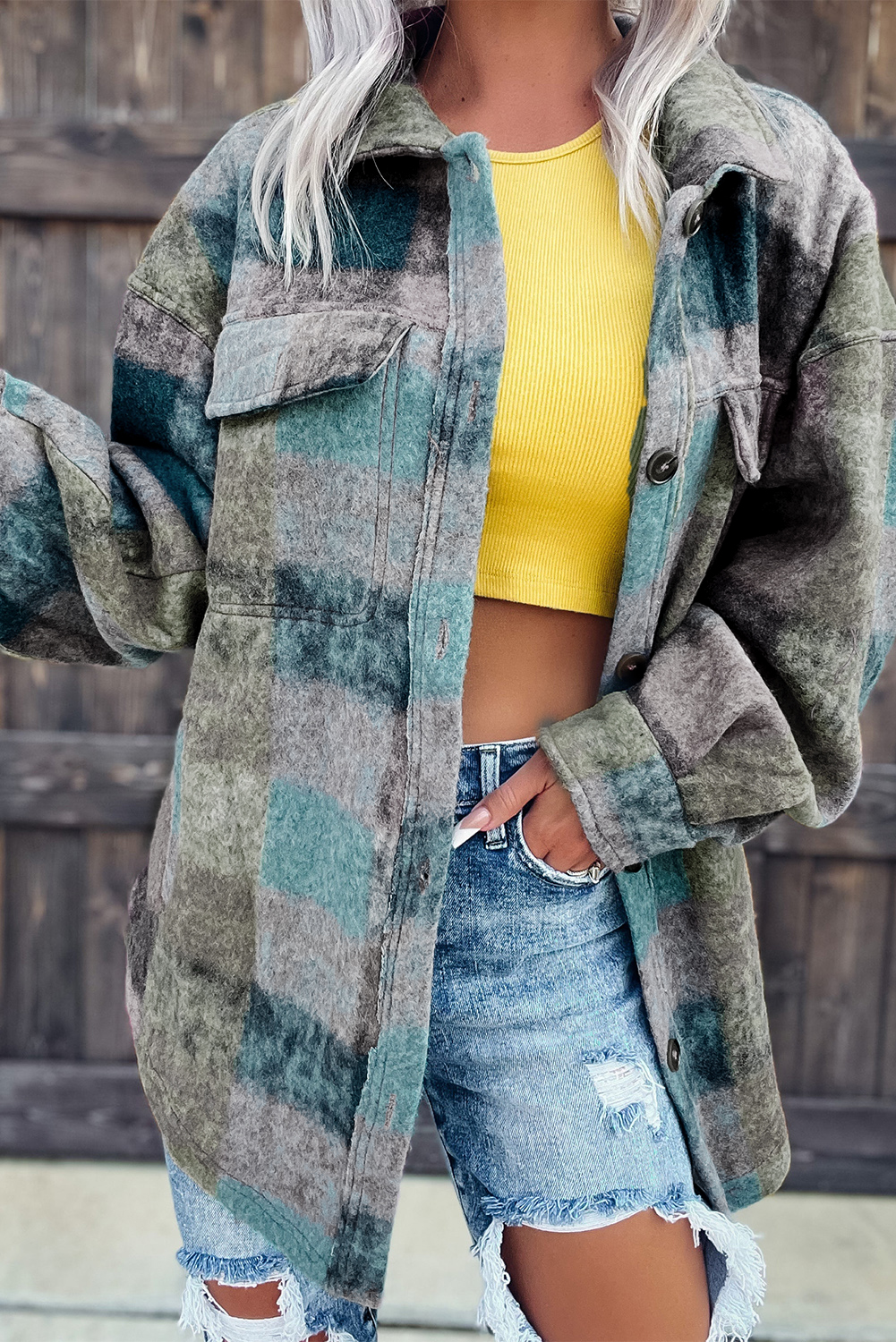 $ 20.23 - Multicolor Brushed Plaid Pocketed Oversize Shacket - www ...