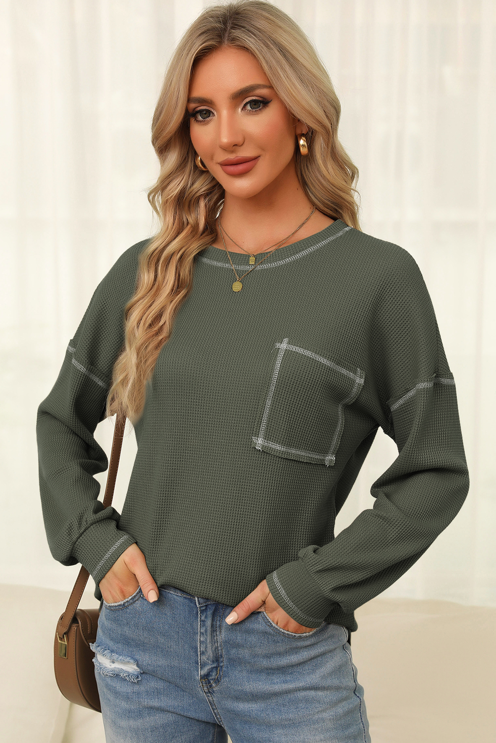 $ 10.71 - Mist Green Contrast Exposed Stitching Waffle Knit Top - www ...