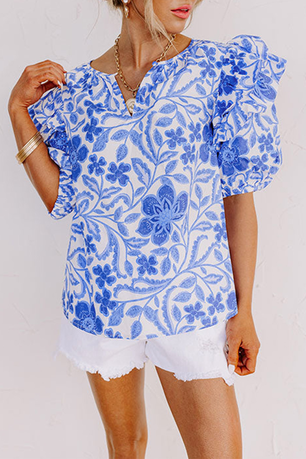 $ 12.98 - Dark Blue Floral Print Ruffled Bubble Sleeve Blouse - www ...