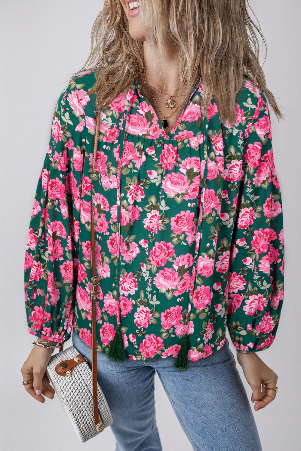 $ 11.79 - Green Floral Printed Tied Collar Puff Sleeve Blouse - www ...