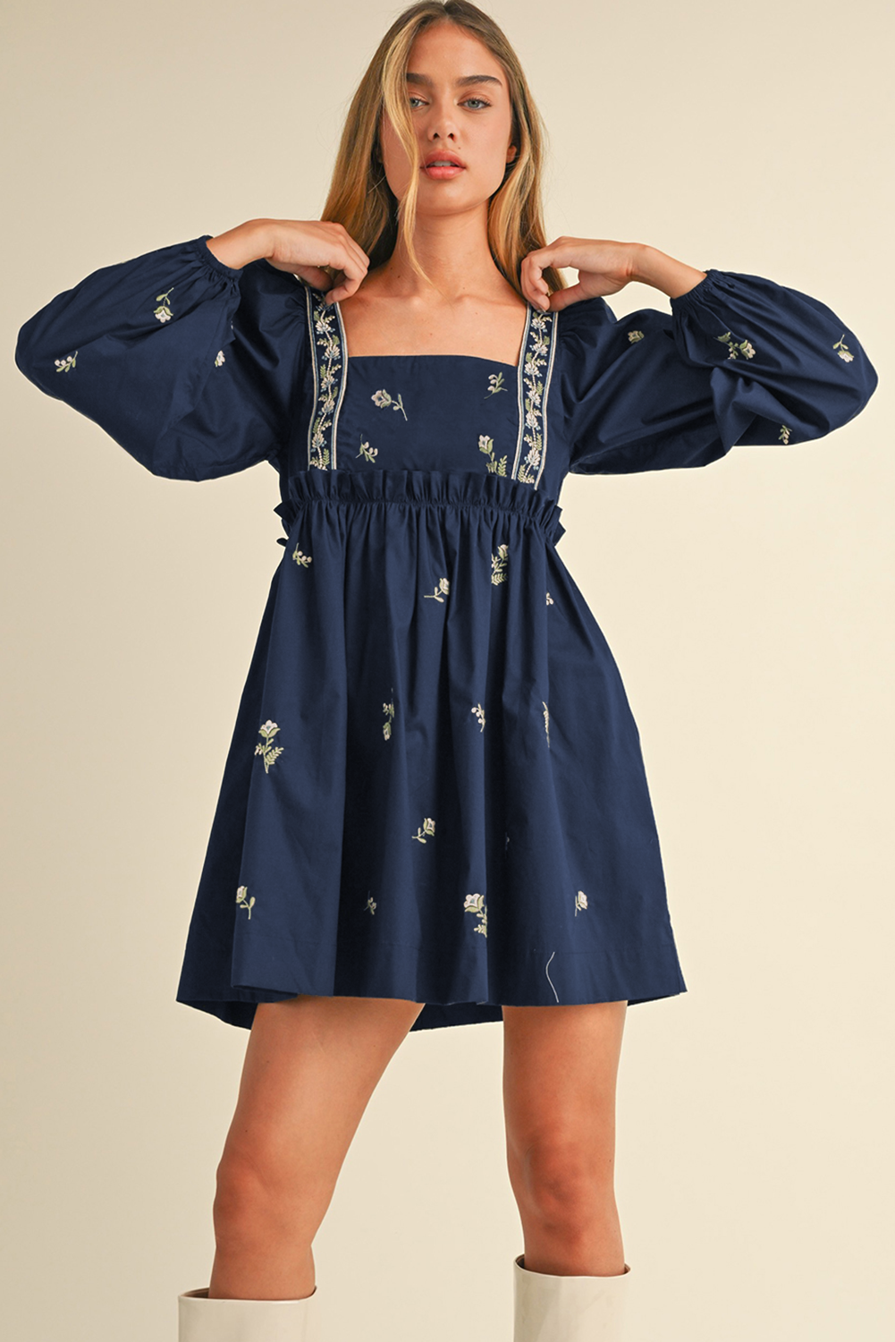 $ 22.27 - Blue Floral Embroidered Square Neck Puff Sleeve Ruffled Mini ...