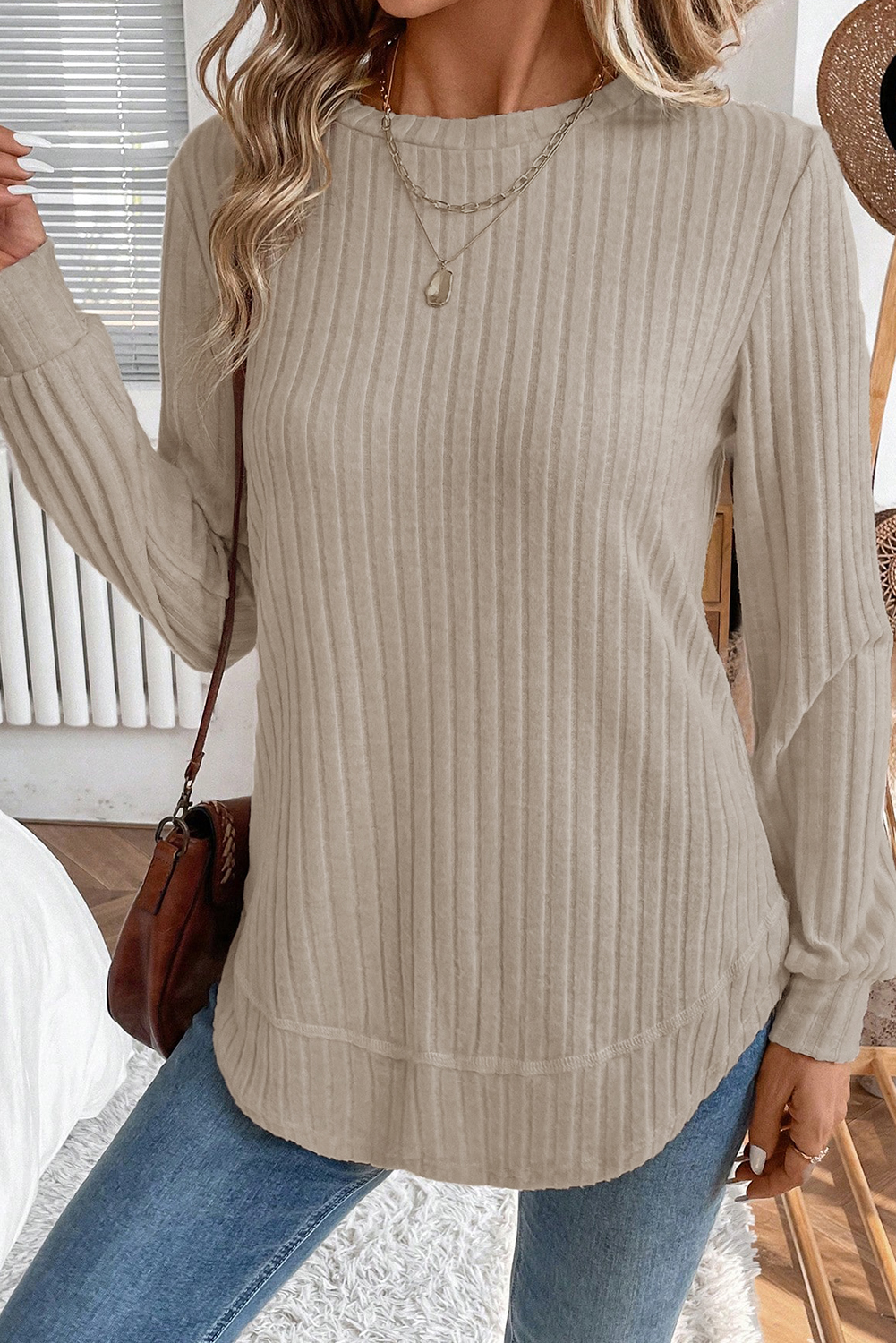 $ 12.15 - Jet Stream Ribbed Texture Round Neck Long Sleeve Rounded Hem ...