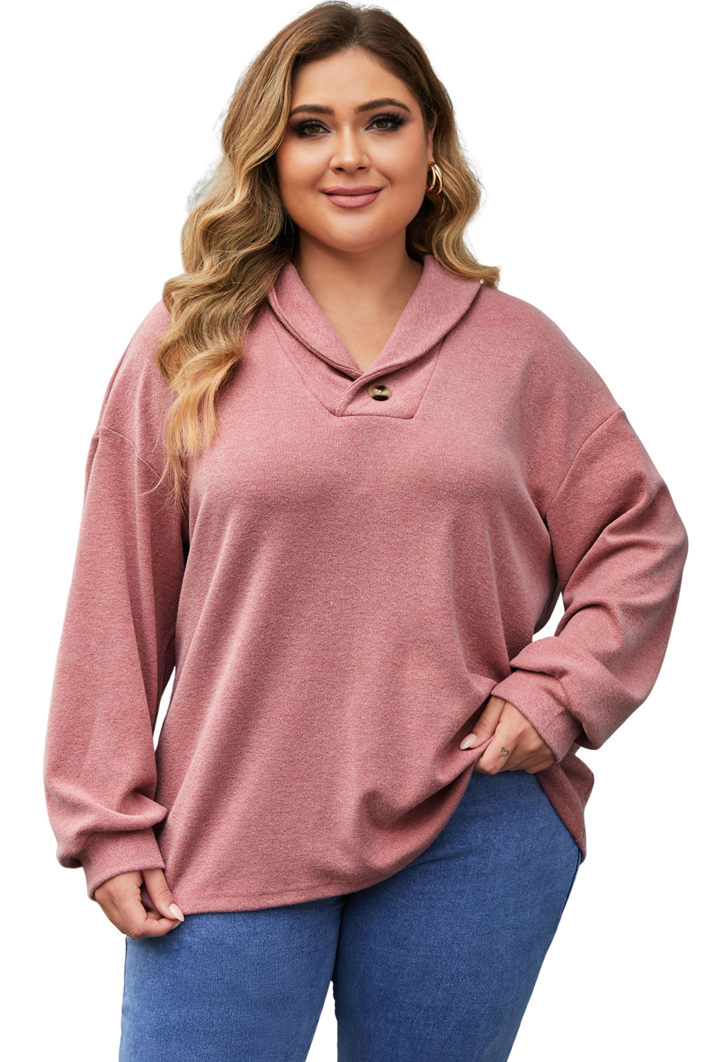 Pink Plus Size Long Sleeve V-Neck Buttoned Top Wholesale $ 15.96 - 66Disco