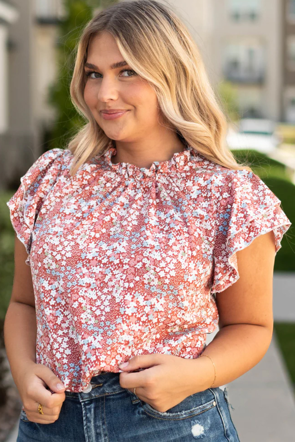 Plus Size Pink Floral Print Ruffled Sleeve Frilled Neck Blouse ...