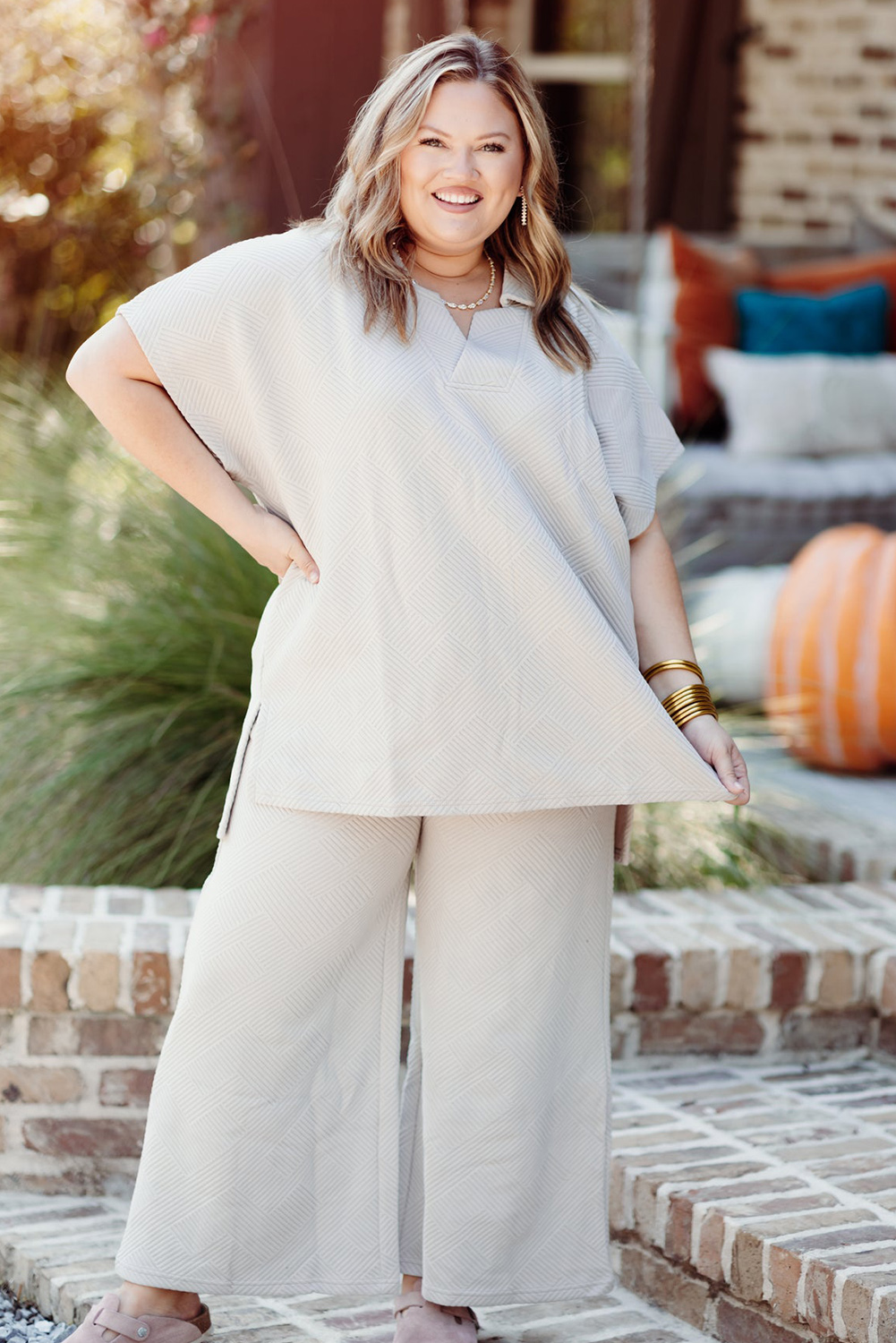 Plus Size Beige Textured Collared Top and Pants Set Wholesale $ 30.13 ...