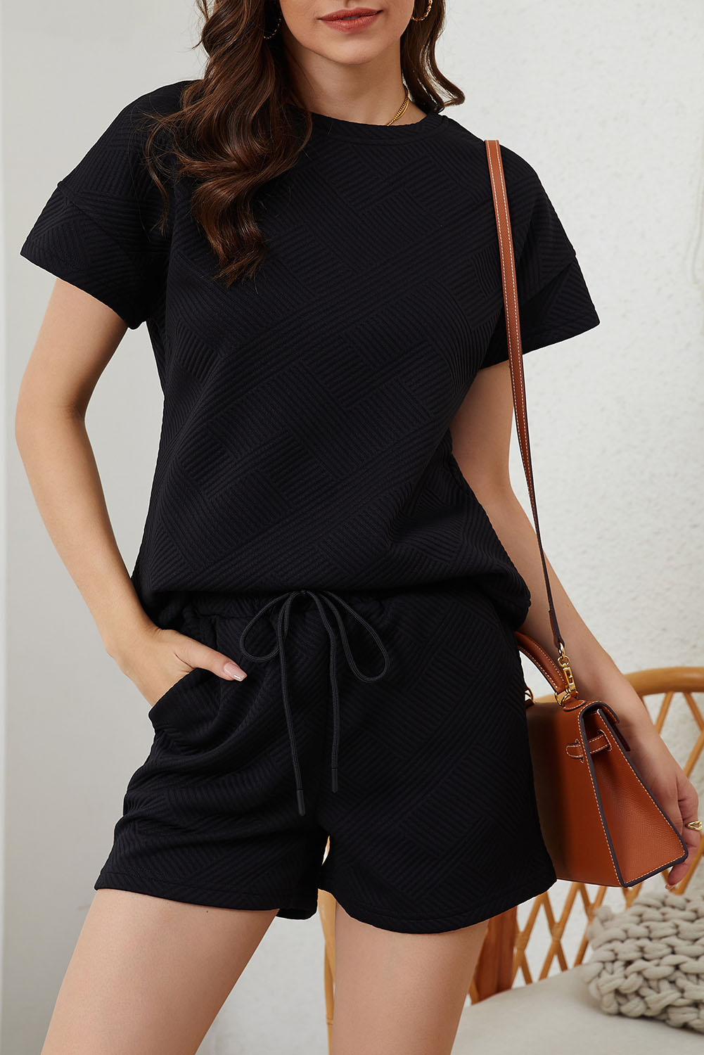 $21.5 Black 2pcs Solid Textured Drawstring Shorts Set Little Daisy ...