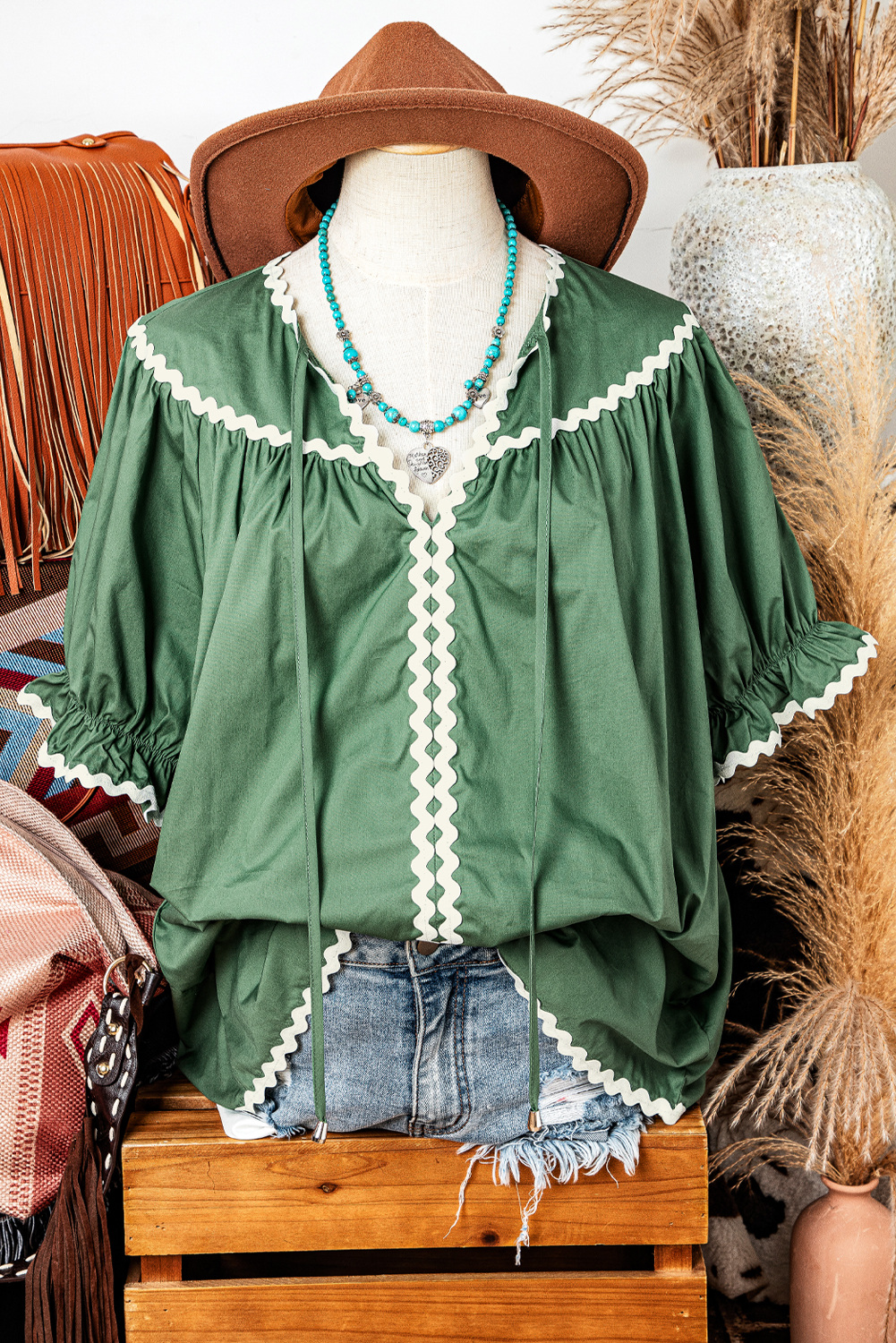 $ 17.44 - Mist Green Ric Rac Trim Tie Split Neck Short Sleeve Blouse ...