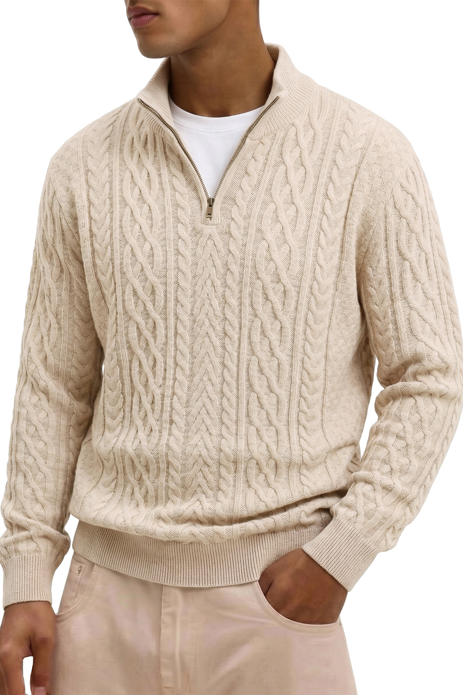 $ 49.99 - JMIERR Mens Quarter Zip Cable Knit Sweater Stand Collar ...